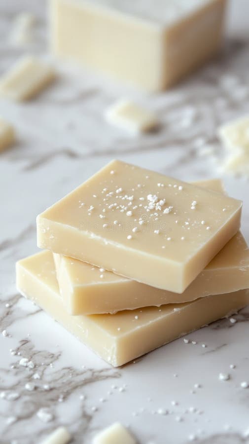 Three Pieces of Smooth, Creamy Cheese are Stacked on a Marbled Surface ...