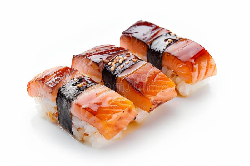 Three Pieces of Sushi on a White Background Stock Image - Image of meal ...
