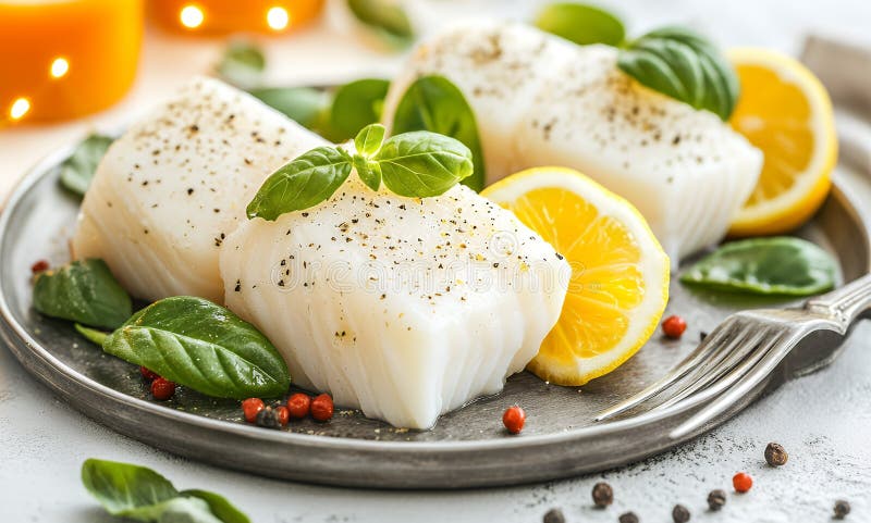 Three Pieces of White Fish are Plated with Lemon and Basil Stock Photo ...