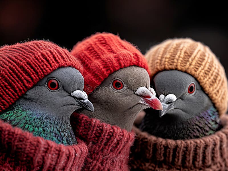 Three Pigeons Wearing Knitted Hats and Scarves Stock Image - Image of ...