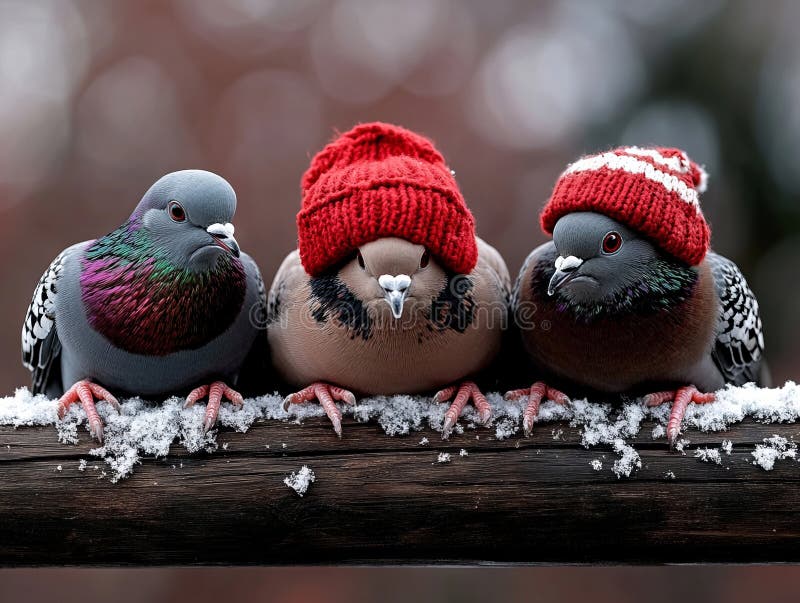Three Pigeons Wearing Red Hats Sitting on a Branch Stock Photo - Image ...