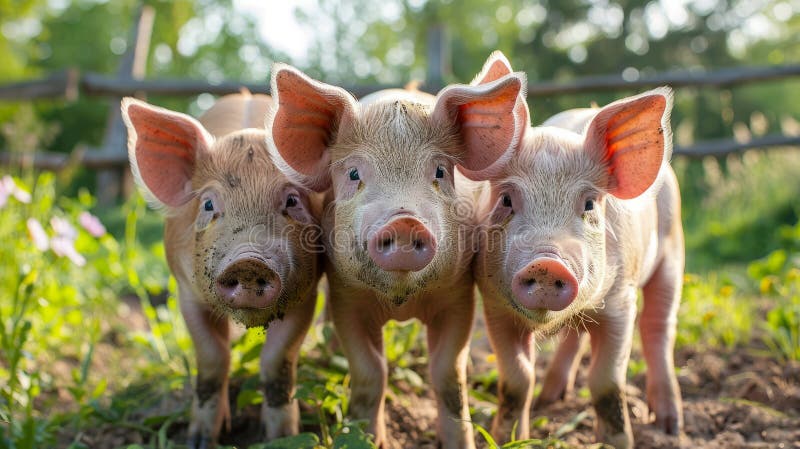 Three piglets on a farm. stock photo. Image of fence - 356353418