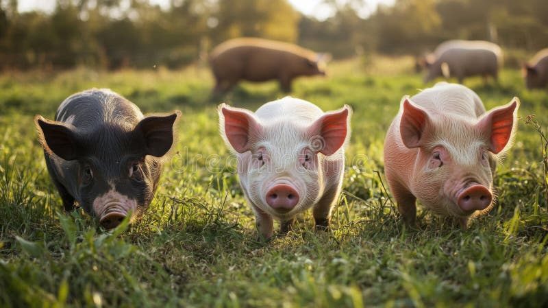 Three Piglets in a Green Pasture Stock Illustration - Illustration of ...