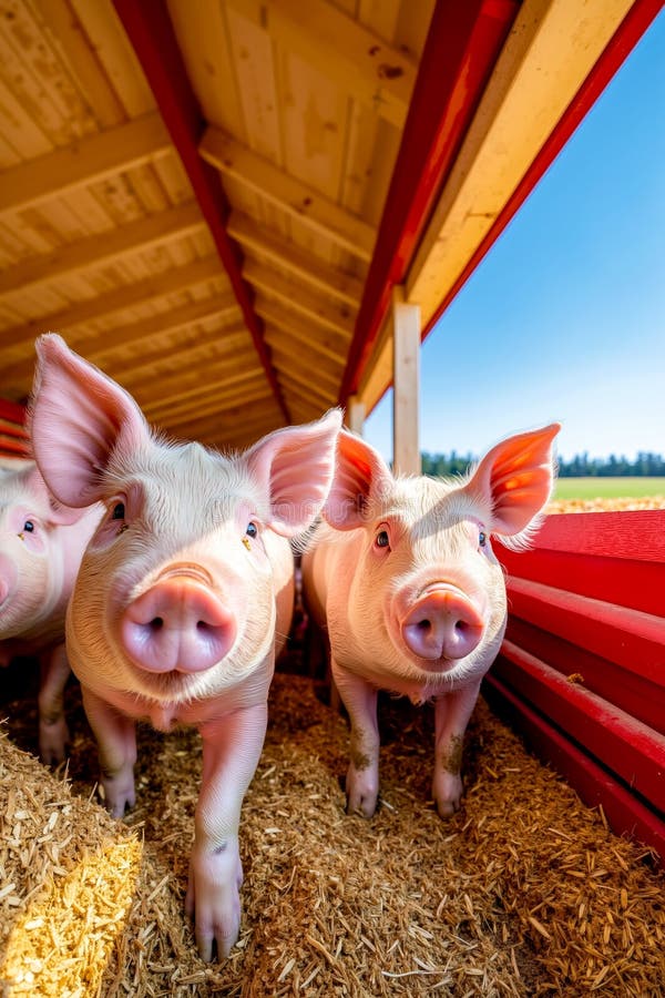 Three Pigs in a Barn Looking at the Camera Stock Image - Image of ...