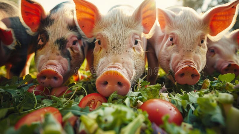 Three Pigs Eating Vegetables Stock Photo - Image of farm, pigs: 354619042