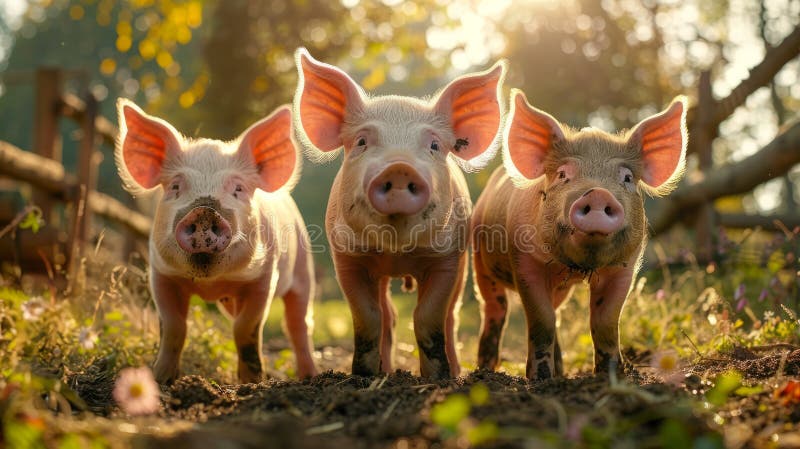 Three Pigs on a Farm at Sunset Stock Photo - Image of golden, husbandry ...