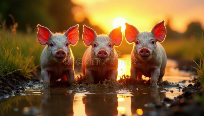 Three Pigs Joyfully Splashing in a Mud Puddle at Sunset , Happy ...