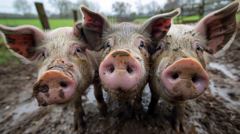Three Pigs in Mud Looking at Camera. Stock Image - Image of curious ...