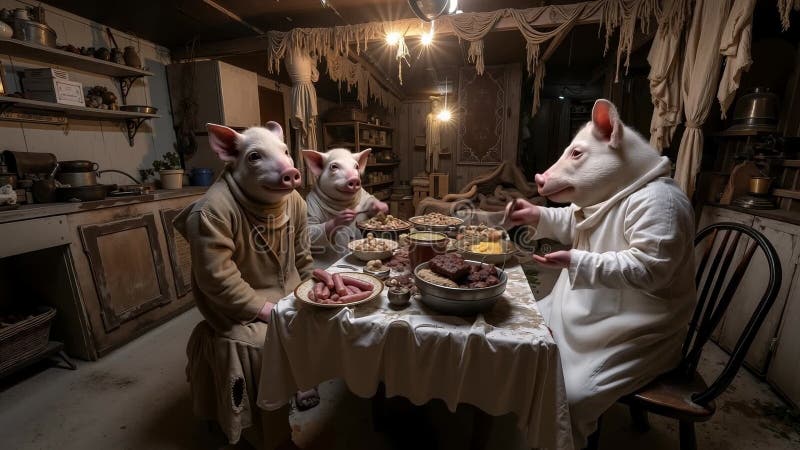 Three Pigs Sitting at a Table Eating Food in a Kitchen Stock Footage ...