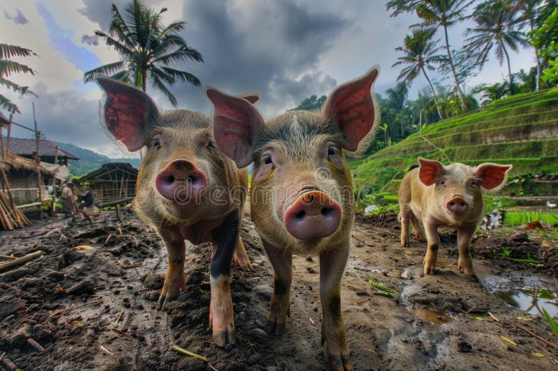 Three Pigs Standing in a Muddy Field, Farm Scene Stock Image - Image of ...