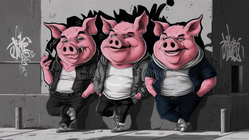 Three Pigs are Standing Next To a Wall with Graffiti on it, AI Stock ...