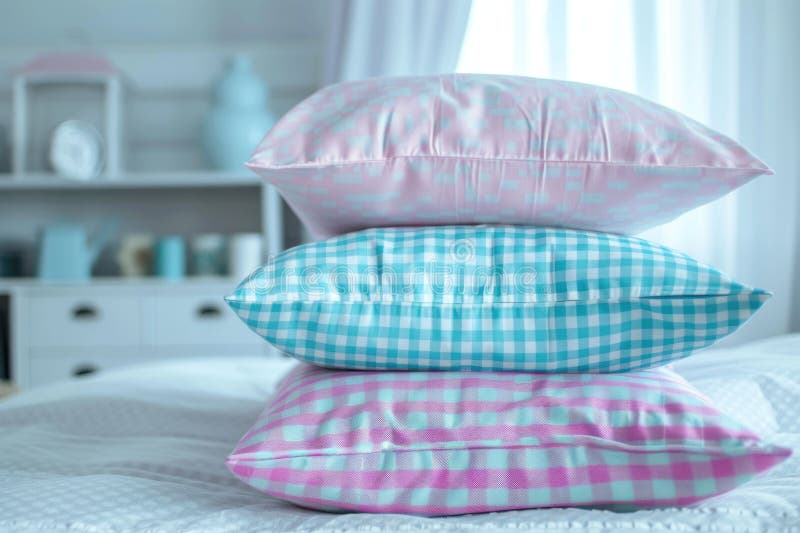 Three Pillows Stacked on Top of Each Other on a Bed. Suitable for Home ...