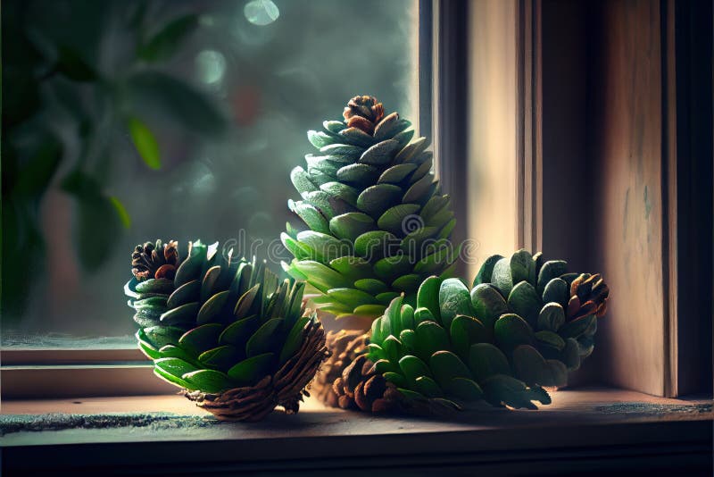 Three Pine Cones are Sitting on a Window Sill Near a Window Sill with a ...