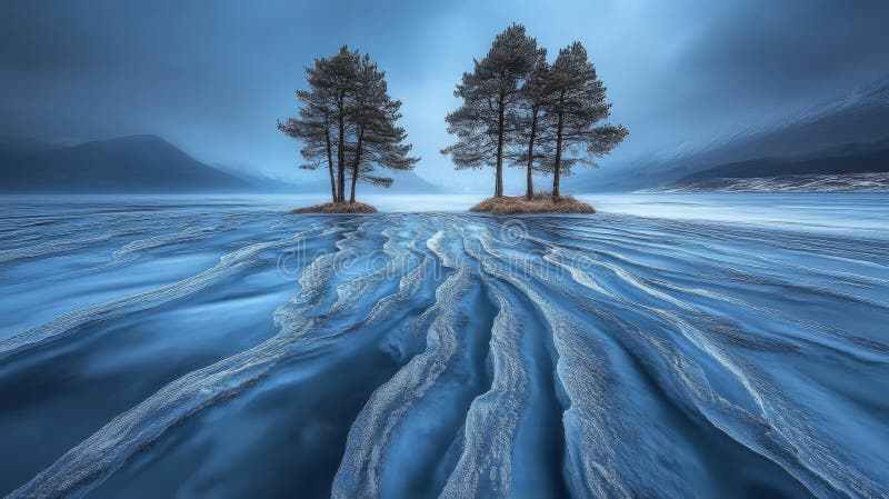 Three Pines Stand on an Island in a Frozen Lake Stock Illustration ...