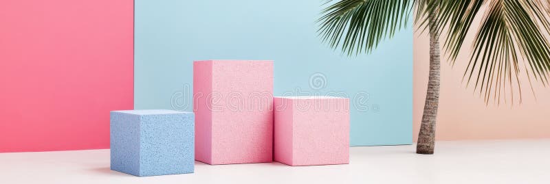 Three Pink and Blue Blocks are Placed beside a Palm Tree in a Sunny ...