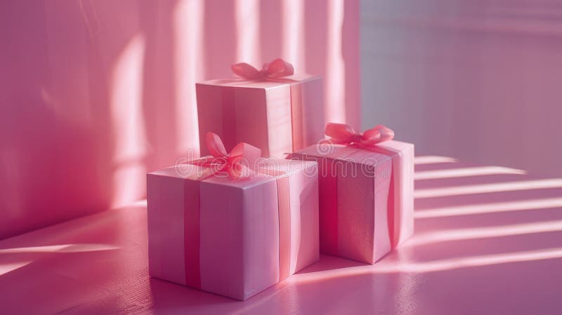 Three Pink Boxes with Ribbons on Top of a Pink Table Stock Image ...