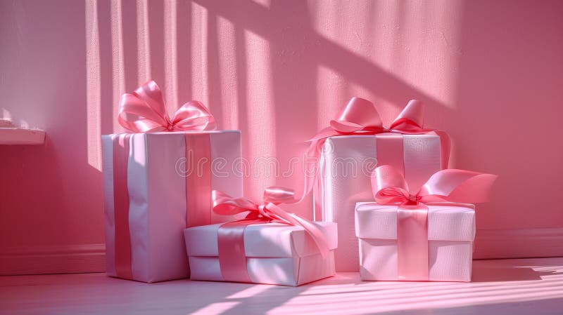 Three Pink Boxes with Ribbons on Top of a Pink Table Stock Photo ...