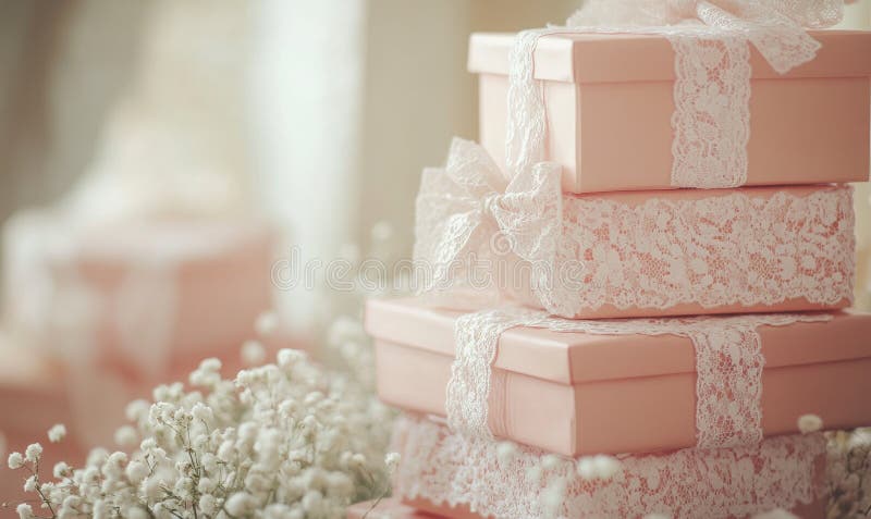Three Pink Boxes Stacked on Top of Each Other with Lace Bows on Them ...