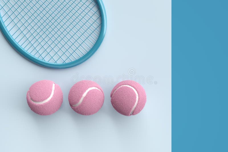 Three Pink Colored Tennis Balls and a Tennis Racket on Blue Background ...