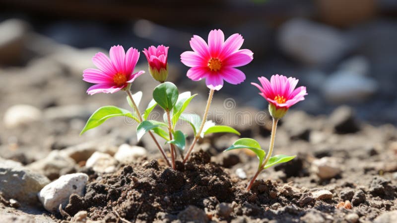 Three Pink Flowers Growing Out of the Ground Stock Illustration ...