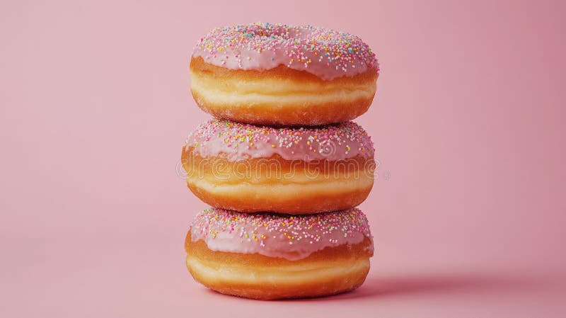 Three Pink Frosted Donuts Stacked on Pink Background with Colorful ...