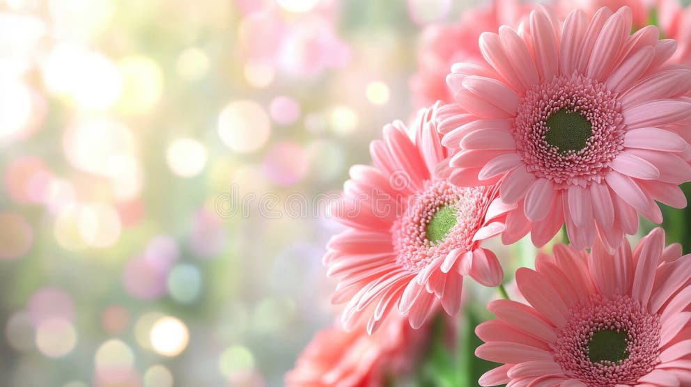 Three Pink Gerbera Daisies with Green Centers on Blurred Light ...