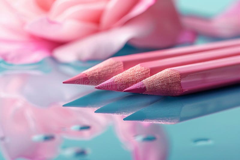 Three Pink Pencils with Sharp Tips are Placed on a Blue Reflective ...