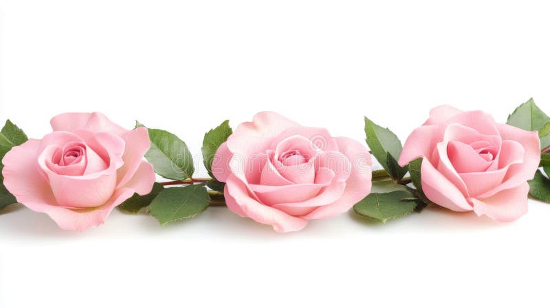 Three Pink Roses Arranged in a Row with Green Leaves Stock Illustration ...