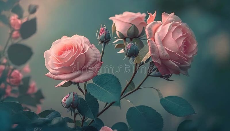 Three Pink Roses with Green Leaves on a Dark Green Background Stock ...