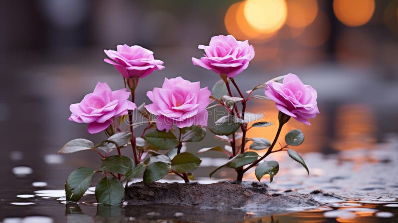 Three Pink Roses Growing Out of a Rock in the Water Stock Illustration ...