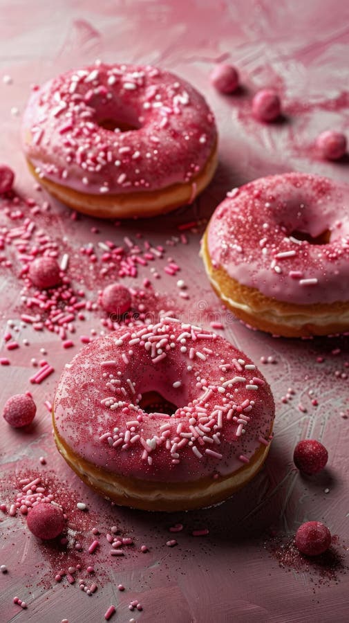 Three Pink Sprinkled Donuts on Pink Surface Stock Image - Image of ...