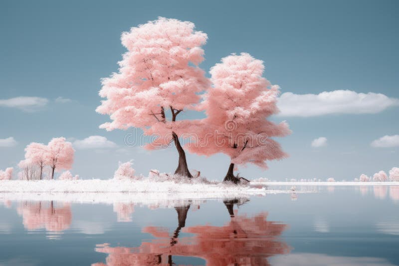 Three Pink Trees are Reflected in the Water Stock Illustration ...