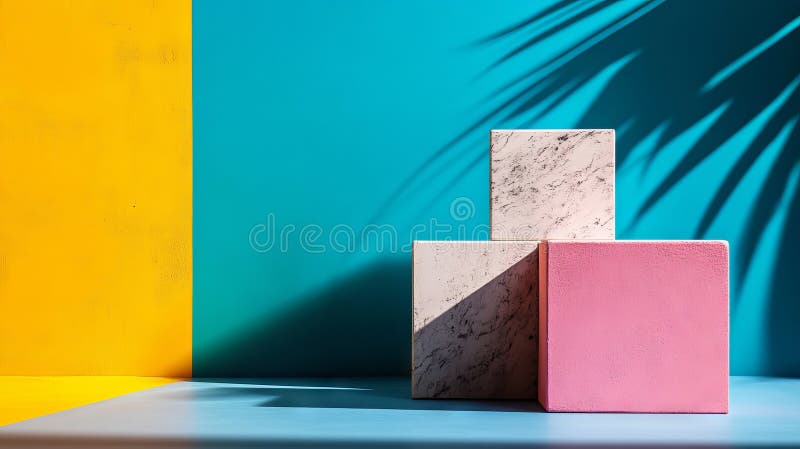 Three Pink and White Blocks Sitting on Top of a Blue and Yellow Wall ...
