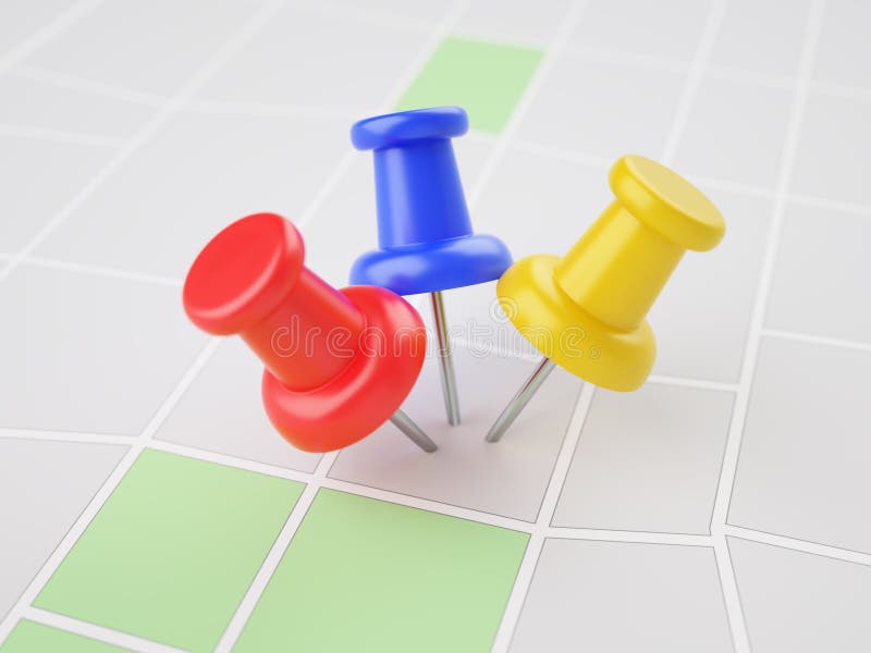 Three Pins in the Same Point on Map 3d Illustration Stock Illustration ...