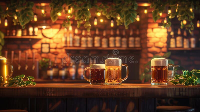 Three Pints of Beer Sit on a Bar Counter in Front of a Rustic, Dimly ...