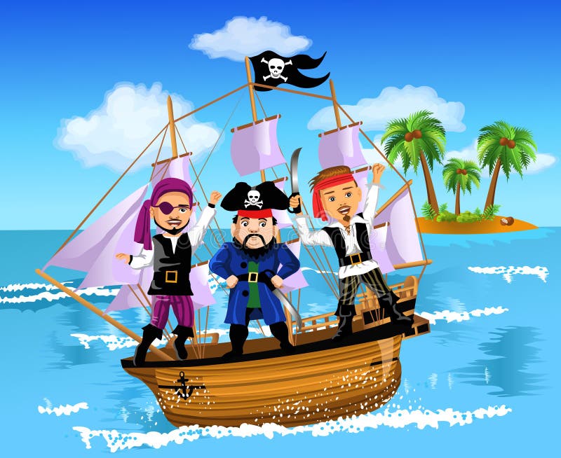 Three Pirates on a Ship in the Middle of the Ocean Stock Vector ...