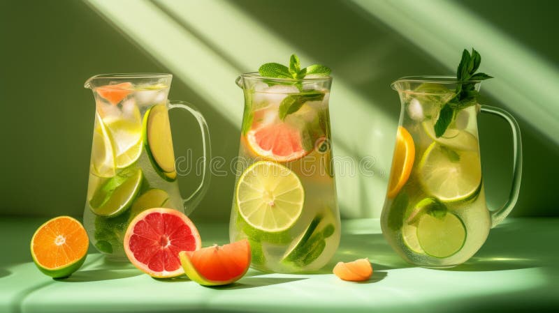 Three Pitchers of Various Lime, Lemon, Orange and Grapefruit Drinks on ...