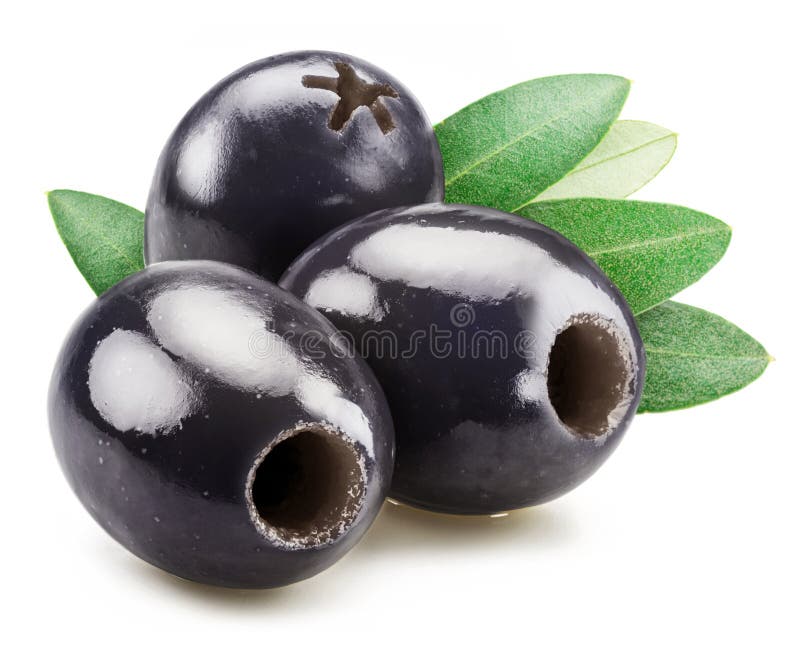 Three Pitted Black Olives with Olive Leaves Isolated on White ...