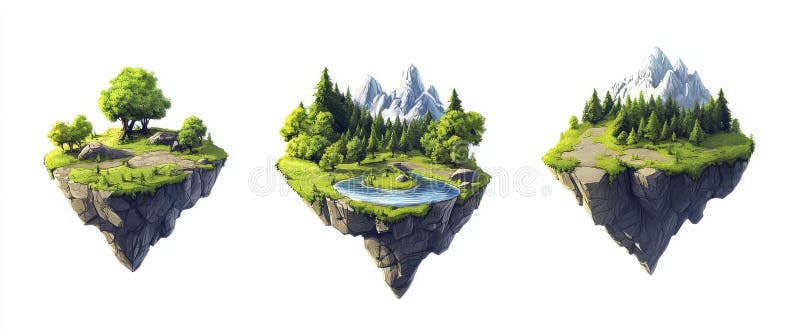 Three Pixel Art Floating Islands Solitary Tree, Forest Stream, Mountain ...