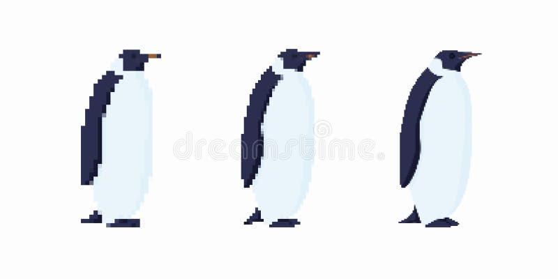 Three Pixel Art Penguins Standing in a Row with Beaks Pointing Forward ...
