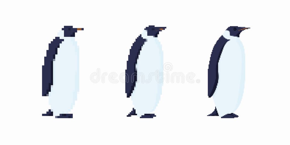 Three Pixel Art Penguins Standing in a Row with Beaks Pointing Forward ...