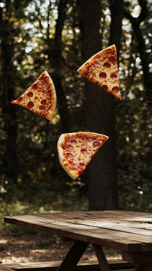 Three Pizza Slices Floating the Air Above a Picnic Table. Stock Photo ...