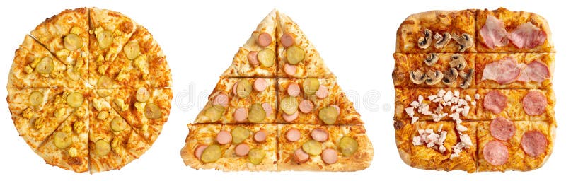Three Pizzas in the Shape of a Circle, Triangle and Square Stock Photo ...