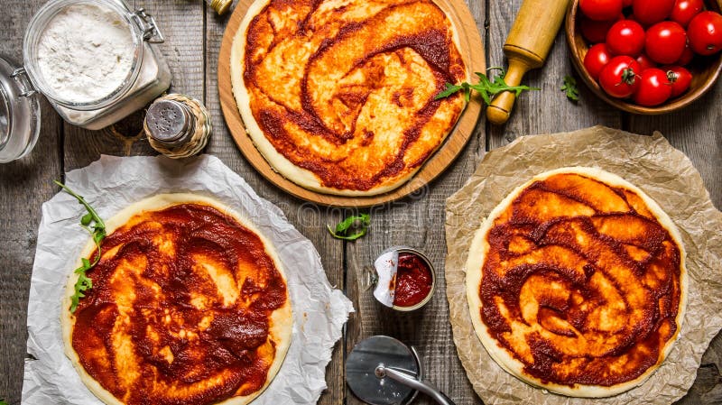 Three Pizzas Spread Tomato Sauce the Ingredients. Stock Photo - Image ...