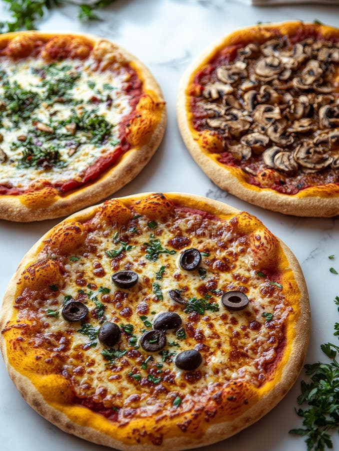 Three Pizzas with Various Toppings on a Marble Surface. Stock Photo ...