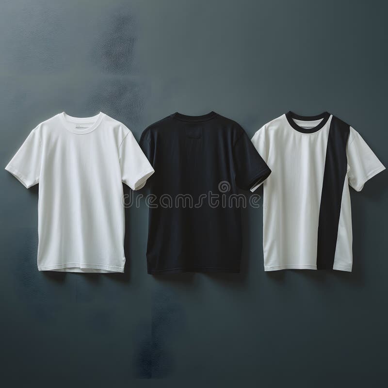 Three Plain T-shirts Displayed in Front, Back, and Side Angles on Gray ...