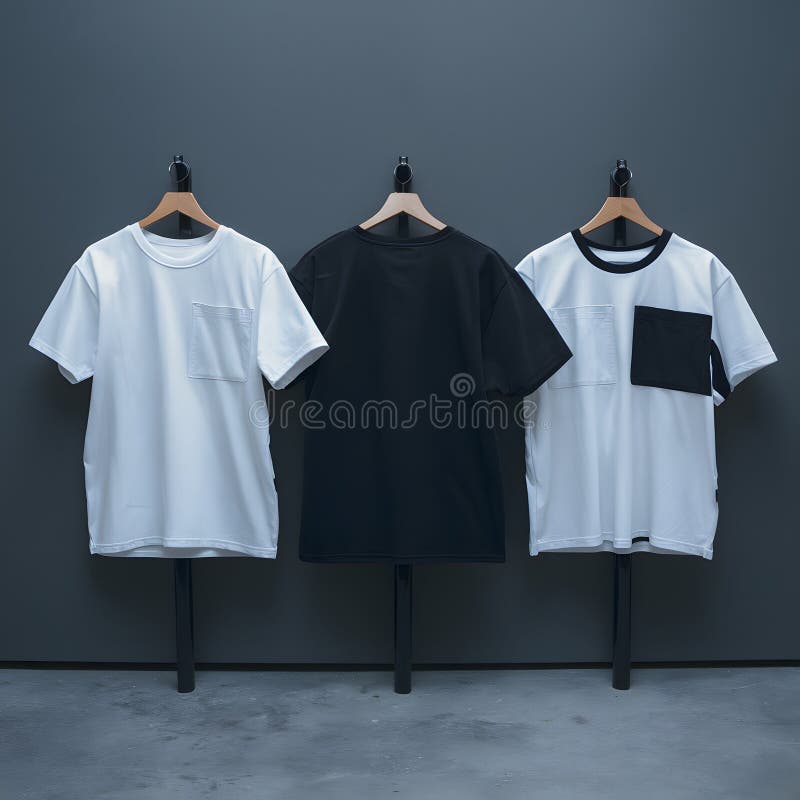 Three Plain T-shirts Displayed in Front, Back, and Side Angles on Gray ...
