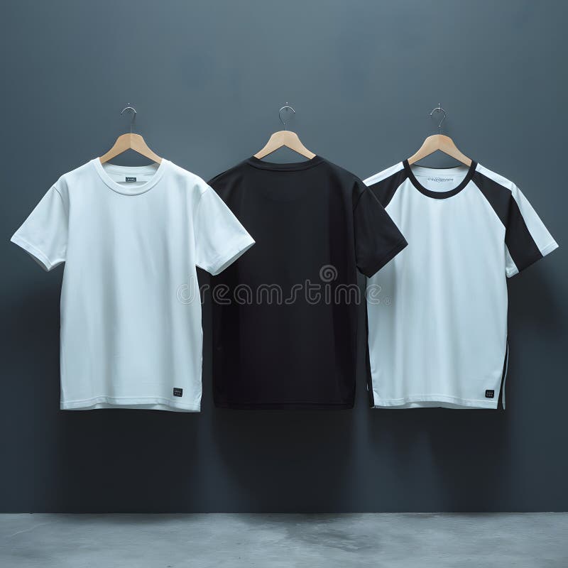 Three Plain T-shirts Displayed in Front, Back, and Side Angles on Gray ...