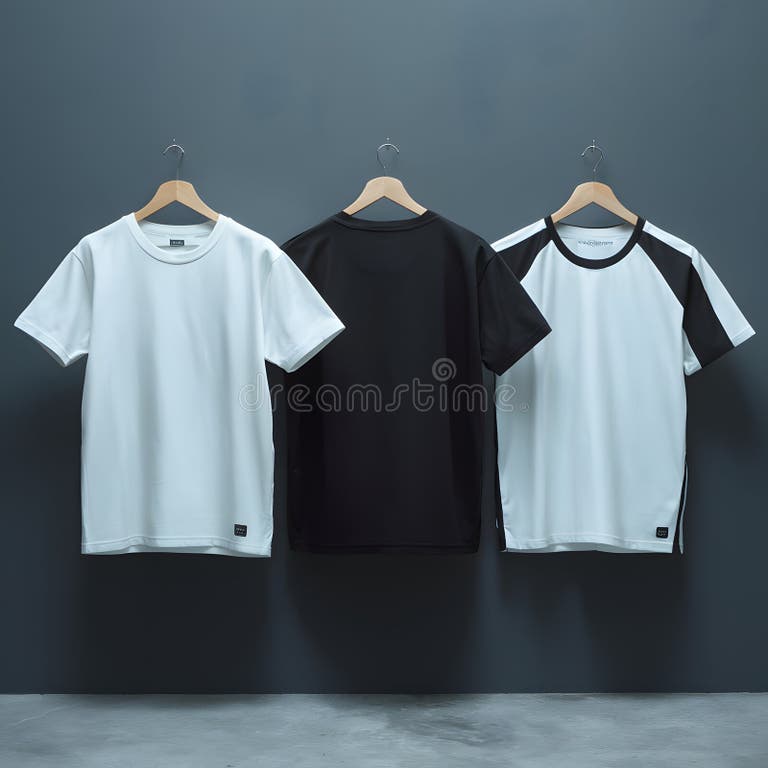 Three Plain T-shirts Displayed in Front, Back, and Side Angles on Gray ...