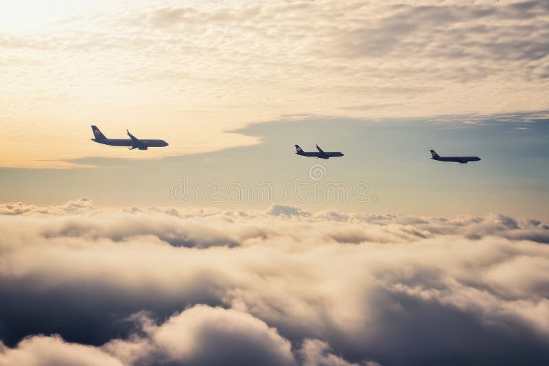 Three Planes Flying Above Clouds during Sunset in a Clear Sky Stock ...